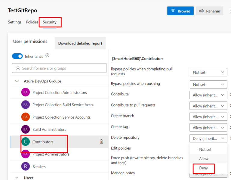 Delete Repository permission for a specific Repo in Azure DevOps