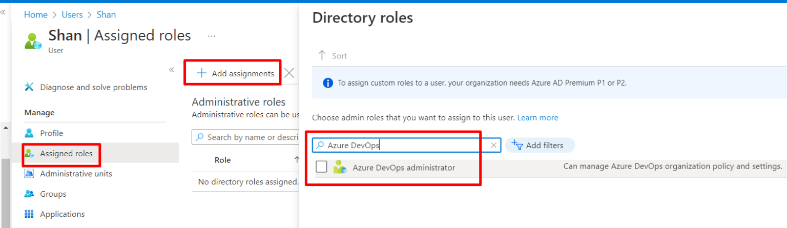 Assigning a user with Azure DevOps Administrator role in Azure Active ...